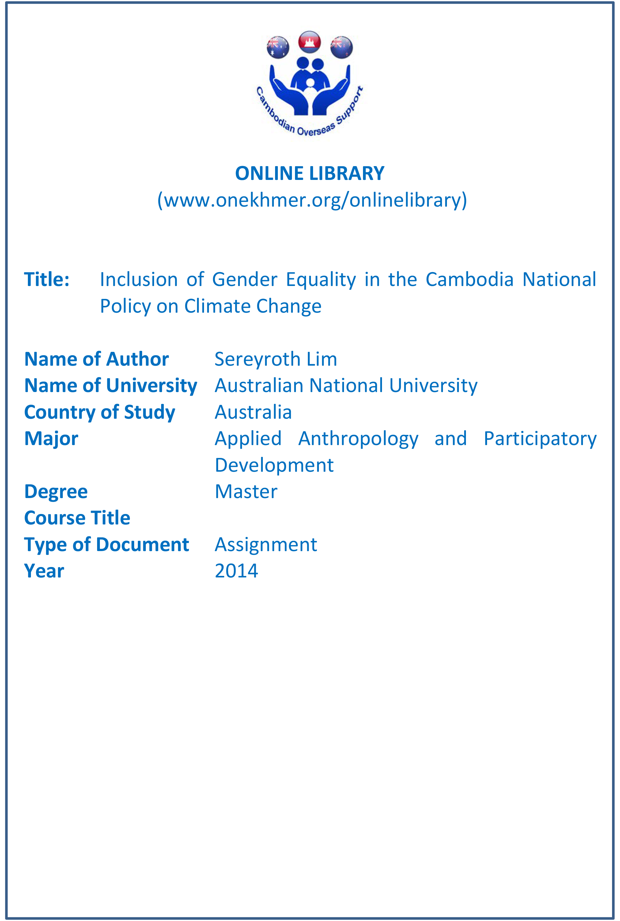 Inclusion of Gender Equality in the Cambodia National Policy on Climate ...